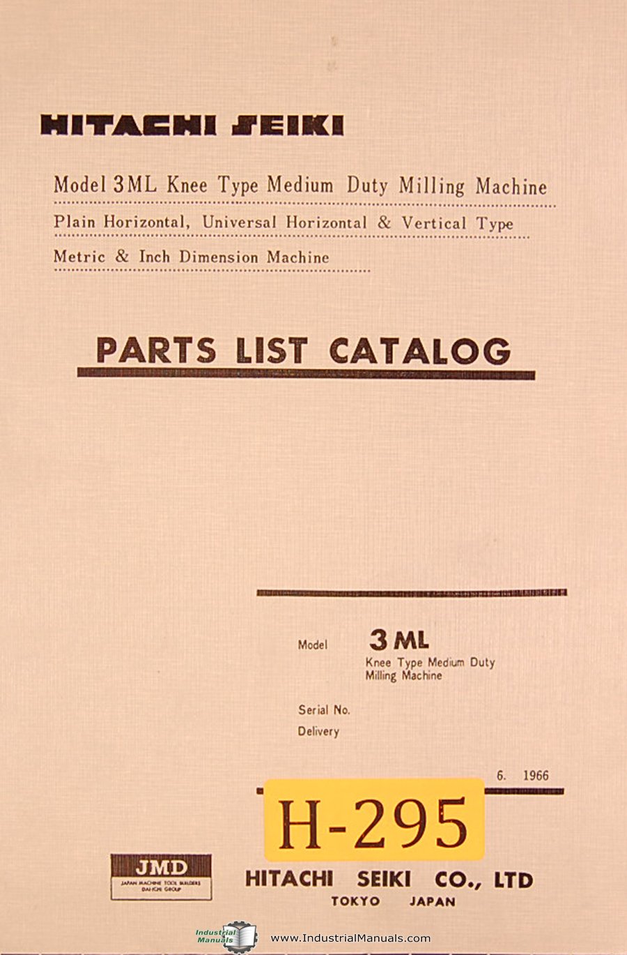 Hitachi Seiki 3ML Milling Machine, Part List Manual: Hitachi Seiki ...