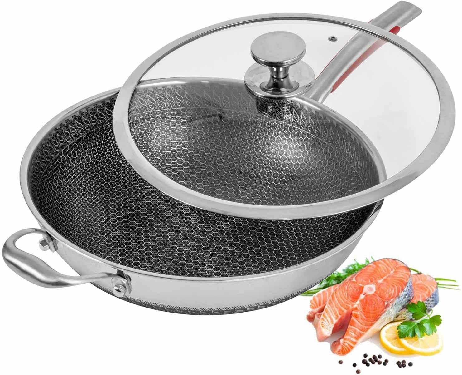 Amazon.com: AUDANNE Wok Pans with Lid, 13" Large Stainless Steel Honeycomb Skillet with Handle ...