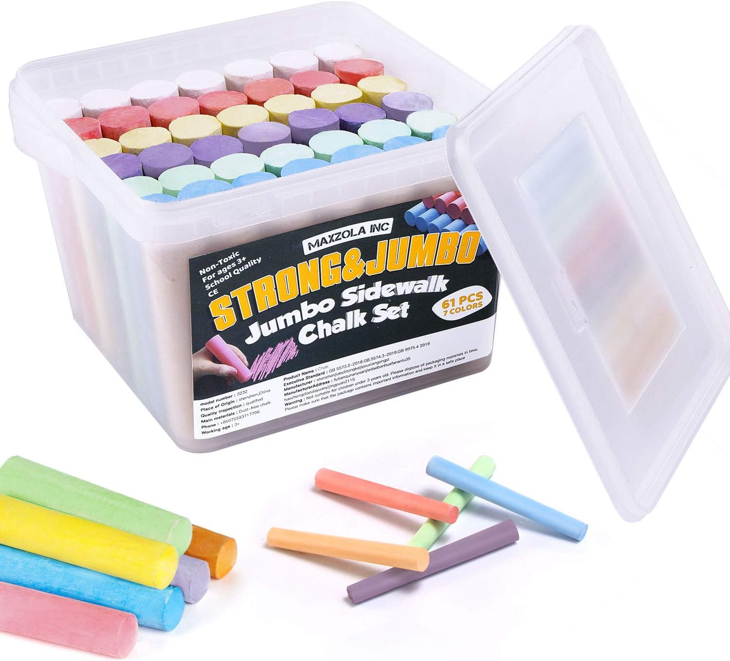 Maxzola inc. Jumbo Sidewalk Chalk for Kids, 61 Pcs Non-Toxic, Washable ...