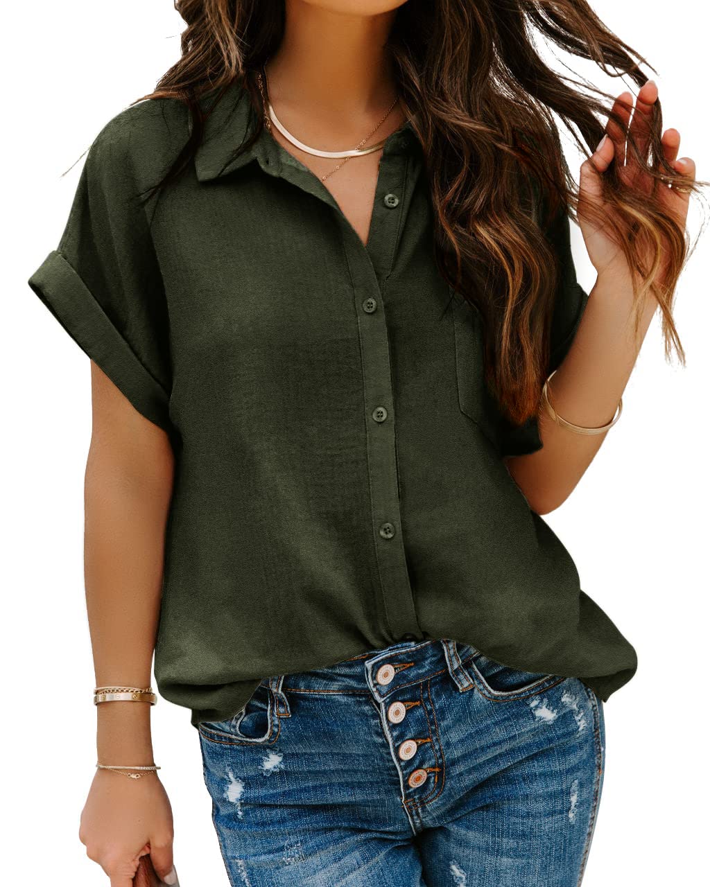 Women Button Down Shirts with Pockets Long/Short Sleeve Chiffon Office ...