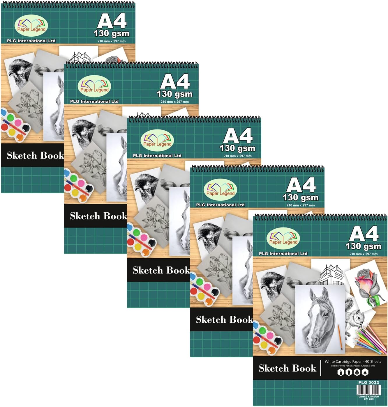 (Set of 5) Spiral Bound Artist Sketch Pad 130 GSM Paper Acid Free Sketch Drawing Book Cover ...