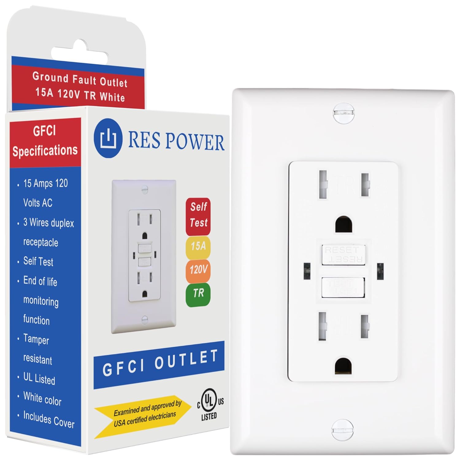 RES POWER Indoor 15 Amps GFCI Outlet UL Listed, 120 Volts, Tamper ...