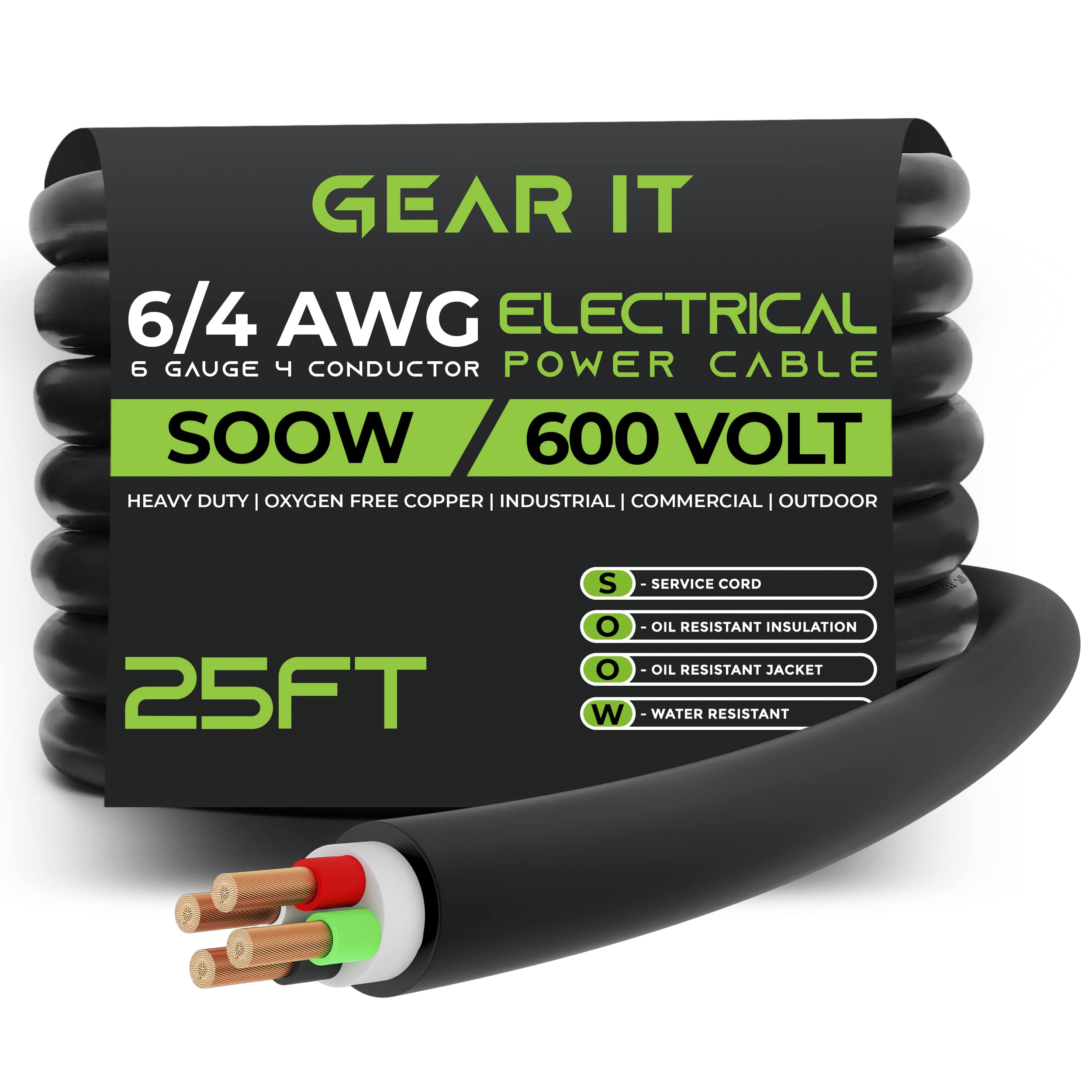 GearIT 6/4 6 AWG Portable Power Cable (25 Feet - 4 Conductor) SOOW 600V ...
