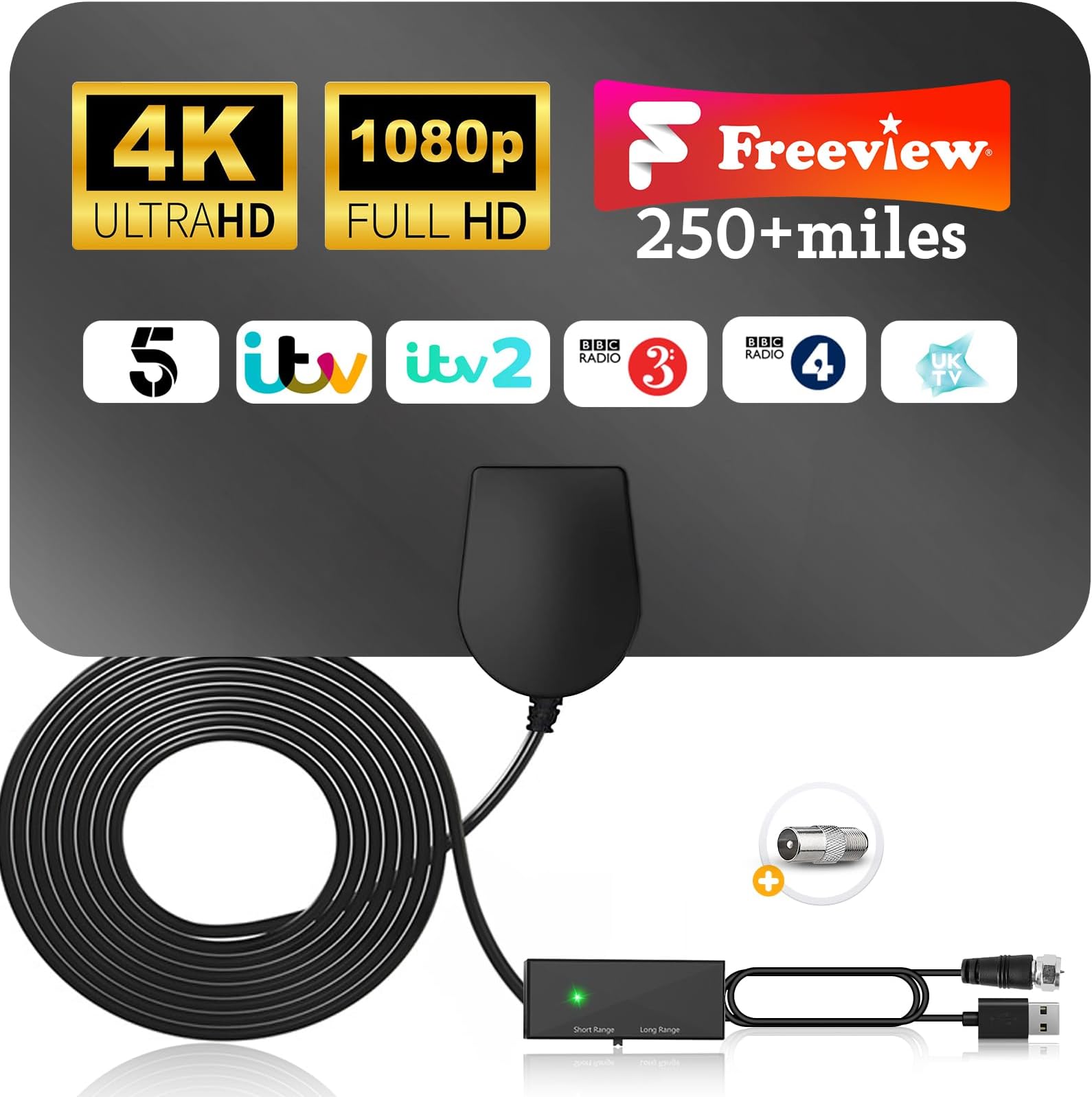 TV Aerial Indoor 250+ Miles Long Range, Digital TV Aerial for Freeview ...