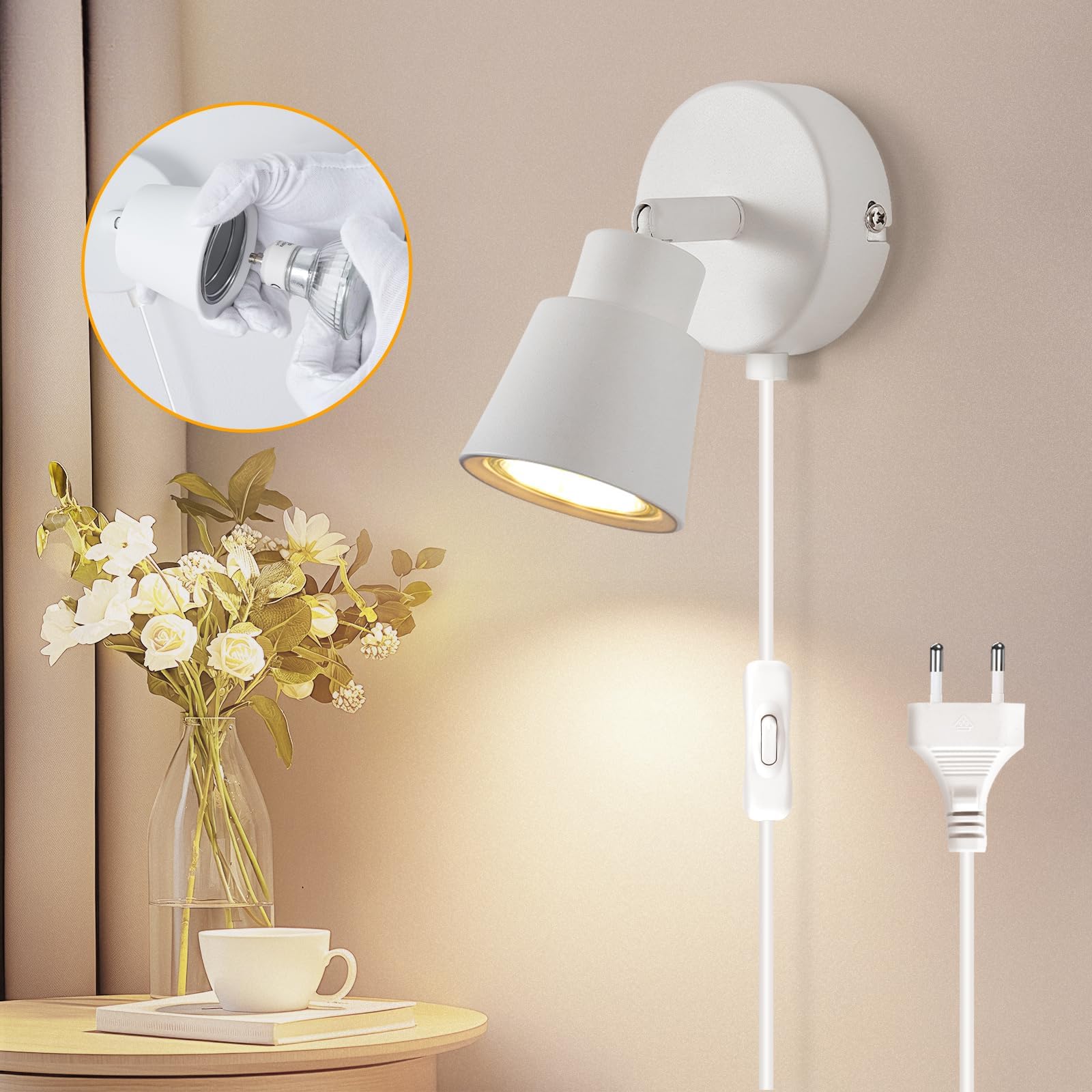 Dehobo Wandleuchte mit Stecker und Schalter - LED Wandlampe Innen GU10 ...