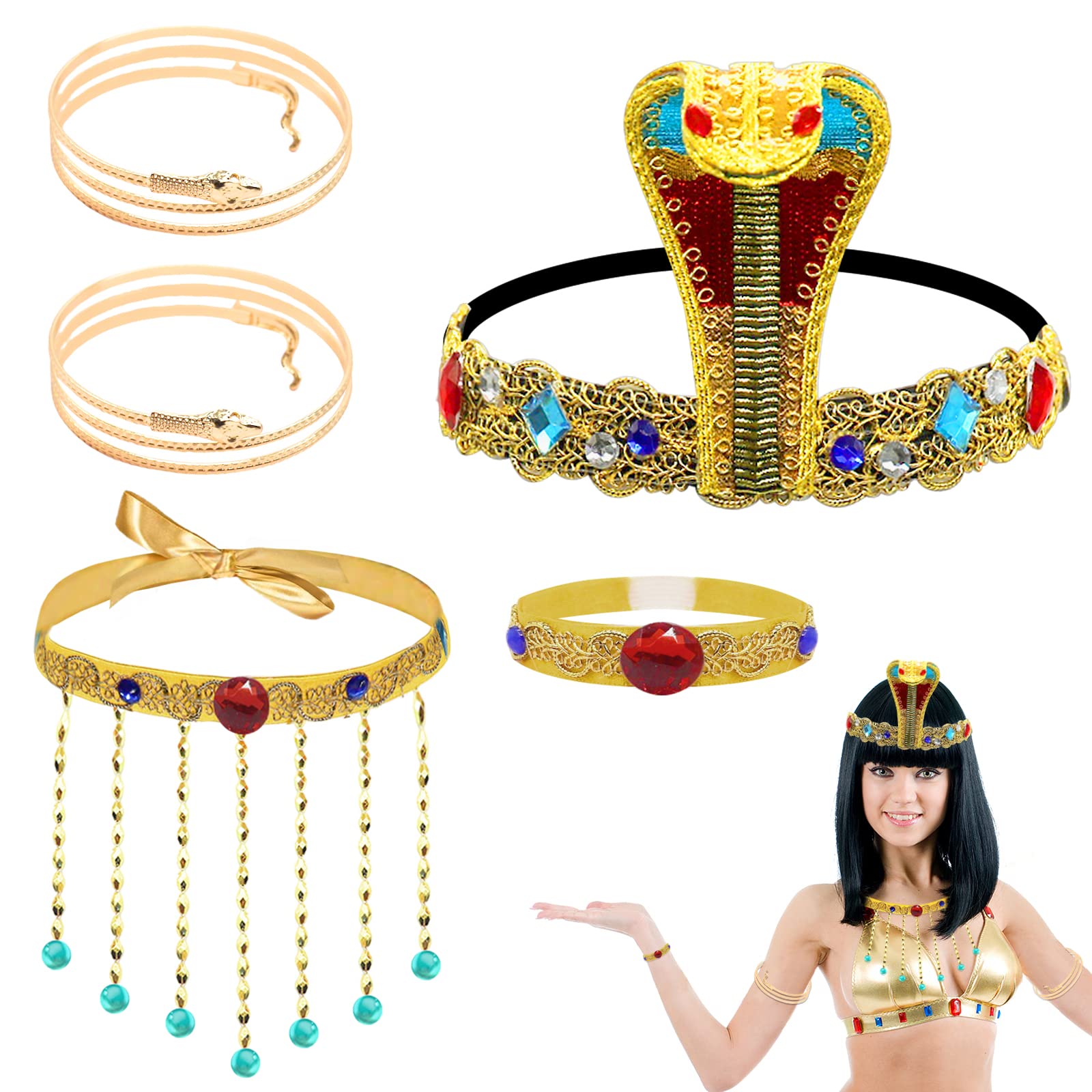 5Pcs Egyptian Costume Accessories Set, Include Cobra Headpiece Tassel ...
