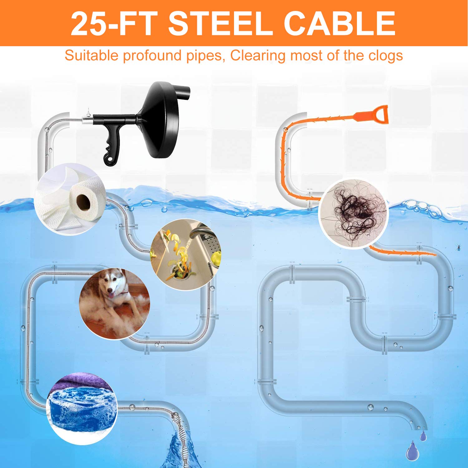 Snapklik.com : Drain Auger 25 Feet Plumbing Snake Pipe Snake ...