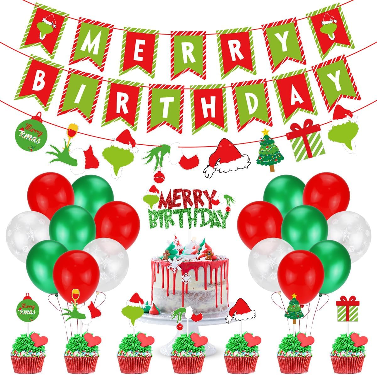 Amazon.com: Merry Birthday Banner, Red & Green Glittery Christmas ...