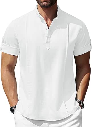 COOFANDY Men's Henley T-Shirts Short Sleeve Casual Button Henley Shirts Band Collar Tee Summer ...