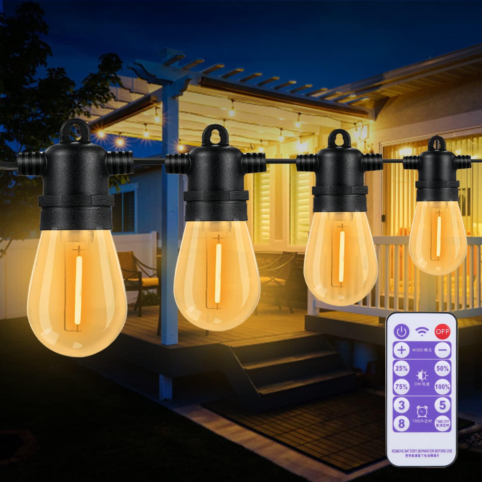 50FT/15M Dimmable S14 LED Outdoor String Lights Mains Powered Remote ...
