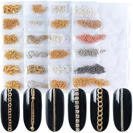 Amazon.com: JERCLITY 4 Packs of 24 Strips Nail Chains for Nail Art Gold ...