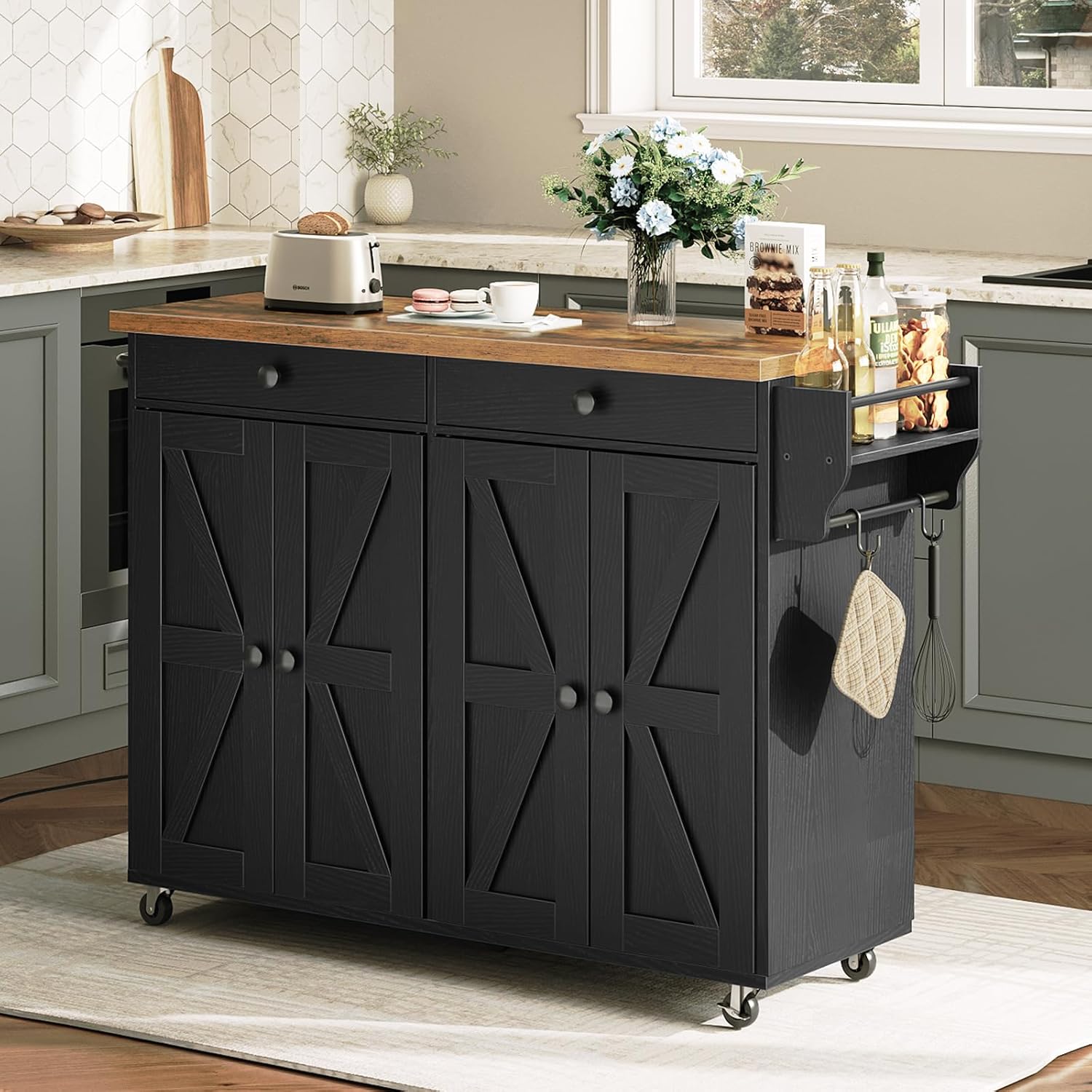 HOOBRO 110 cm Kitchen Island with Storage, Rolling Kitchen Island with ...