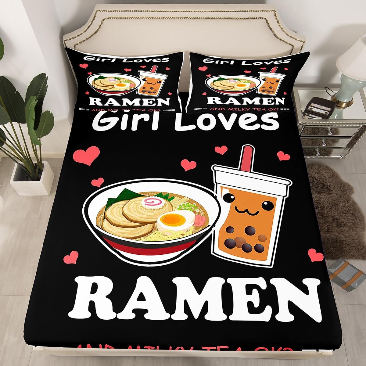 Amazon.com: Feelyou Ramen Boba Fitted Sheet Anime Bedding Set for Kids ...