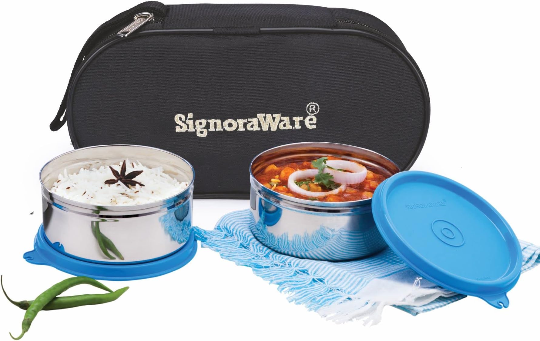 Buy Signoraware Hot Shot Steel Lunch Box, 850ml+100ml+100ml, Set of 3 ...