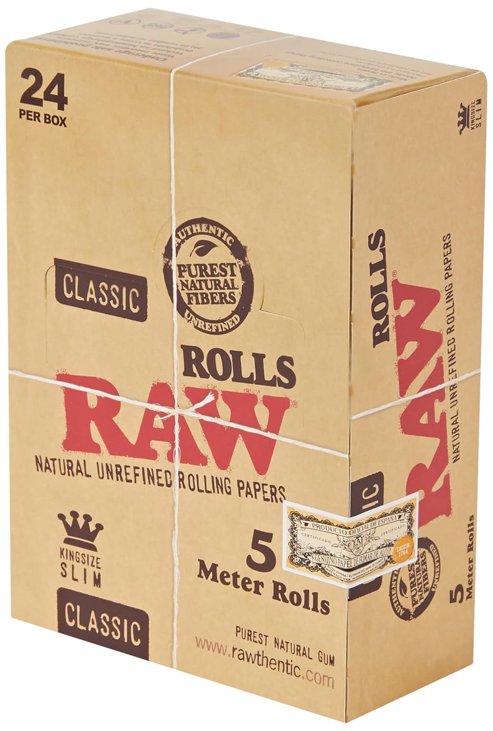 1 Box of RAW UNREFINED Rolls King Size Slim 5 Meter ROLL 24 Rolls PER ...