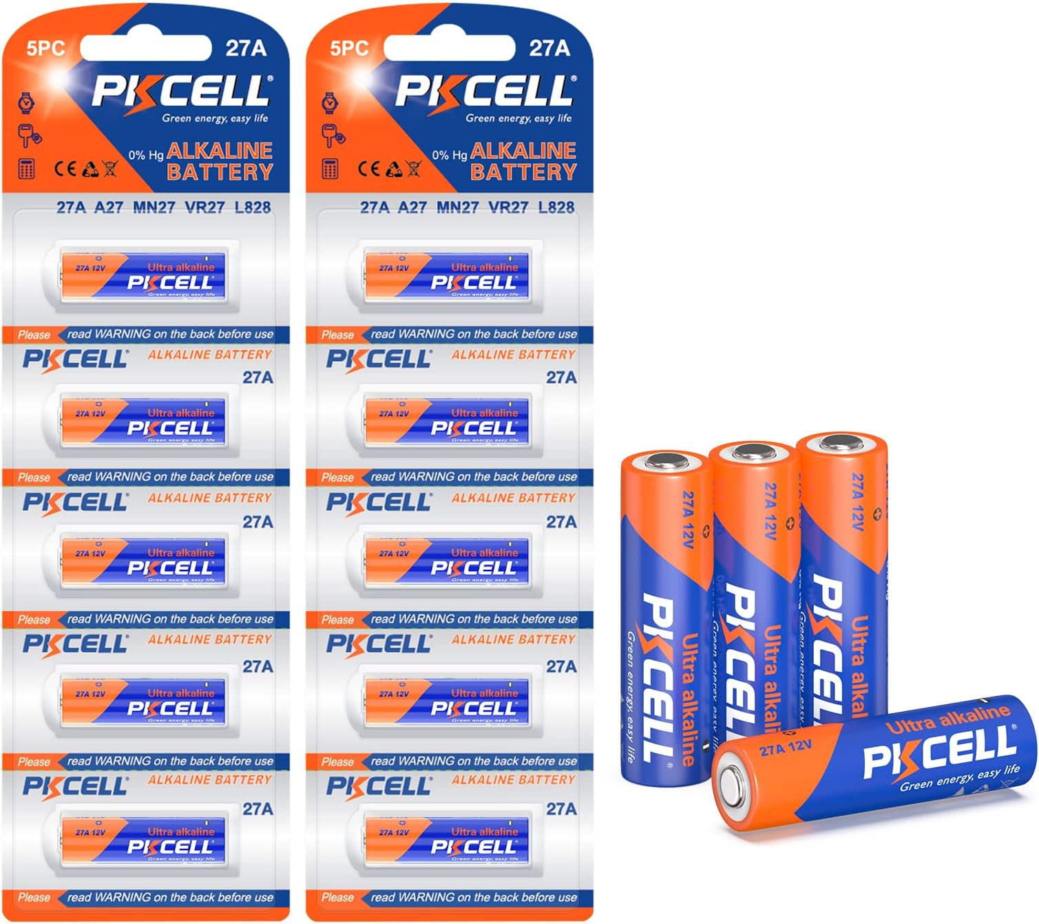 27A 12V Alkaline Battery,PKCELL 10 Pack A27S MN27 L828 A27 12V 27A ...