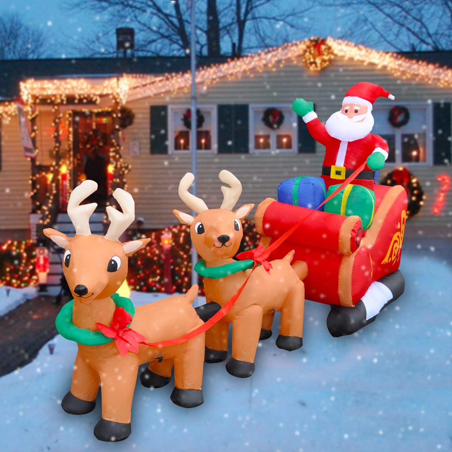 Amazon.com: SEASONBLOW 8 Ft LED Inflatable Christmas Reindeer Pull The ...