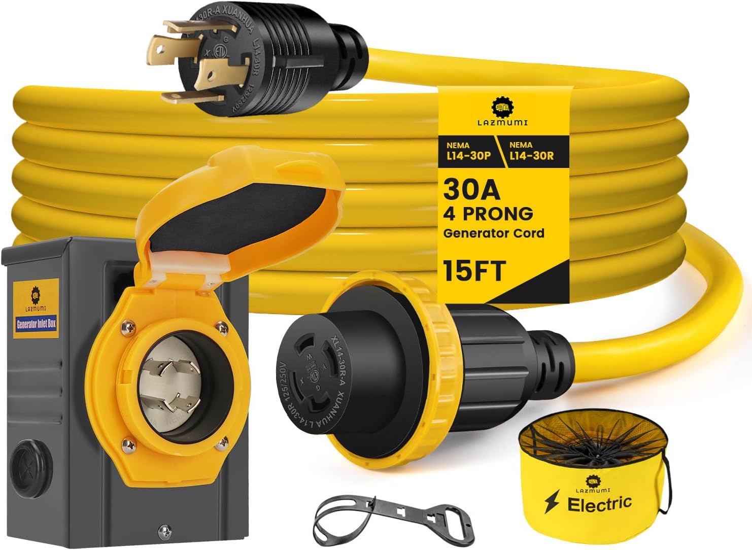 Amazon.com: LAZMUMI 15FT 30 Amp Generator Power Cord and Power Inlet ...