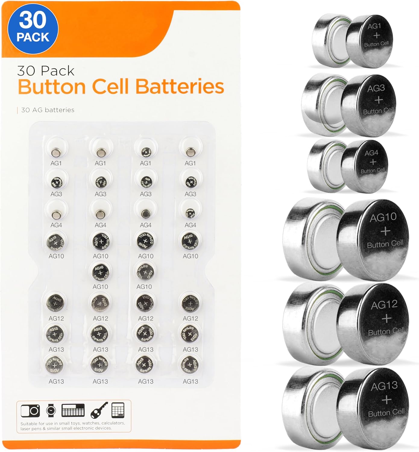 30 Pack Button Cell Batteries – AG1, AG3, AG4, AG10, AG12, AG13 – CE ...