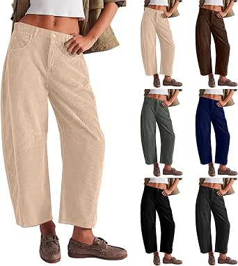 Amazon.com: Womens Corduroy Pants Elastic Waist Mid Rise Barrel Cropped ...