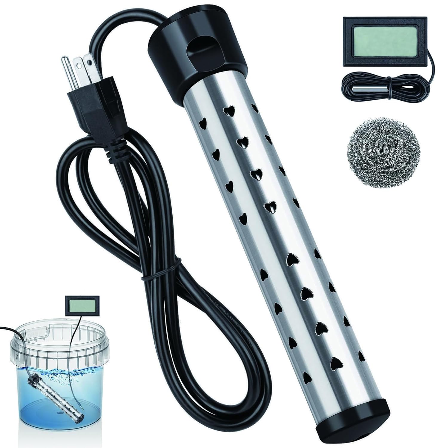 Lakkzoom Immersion Water Heater 2000W Portable Bucket Heater Stainless ...