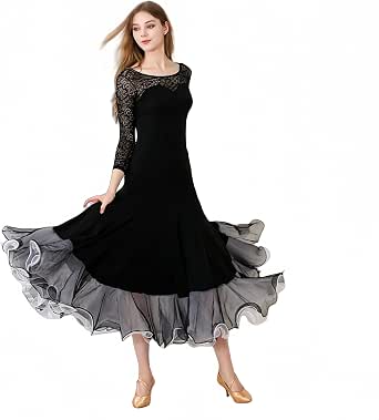 Amazon.com: Female Ballroom Dance Lace Dress Long Skirt Modern Dance ...