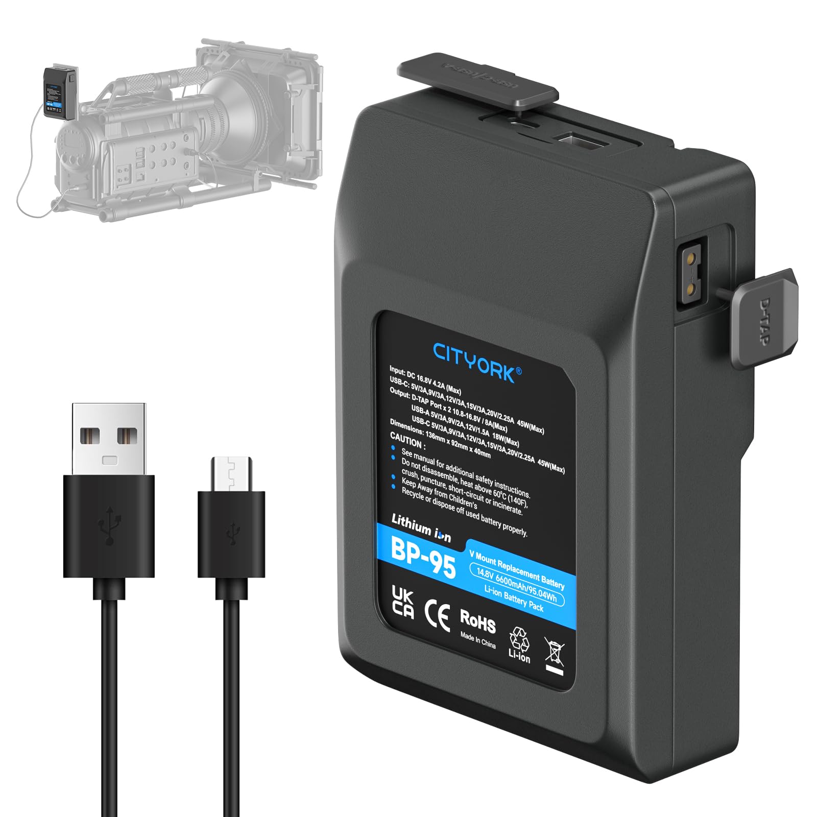 CITYORK 95Wh V-Mount/V-Lock Battery for Sony BP-95W with USB-C input ...