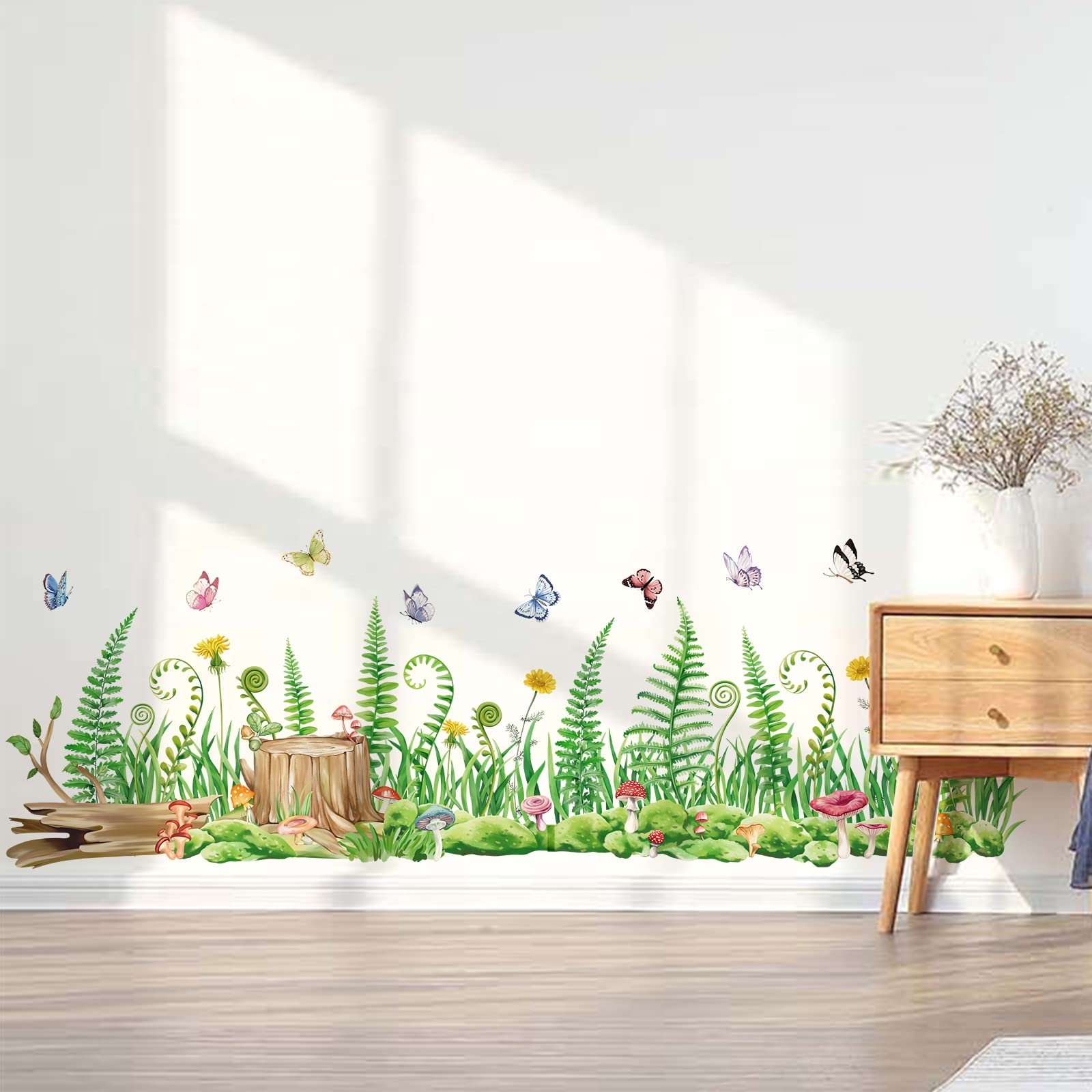 wondever Green Grass Fern Wall Corner Stickers Green Plants Butterflies ...