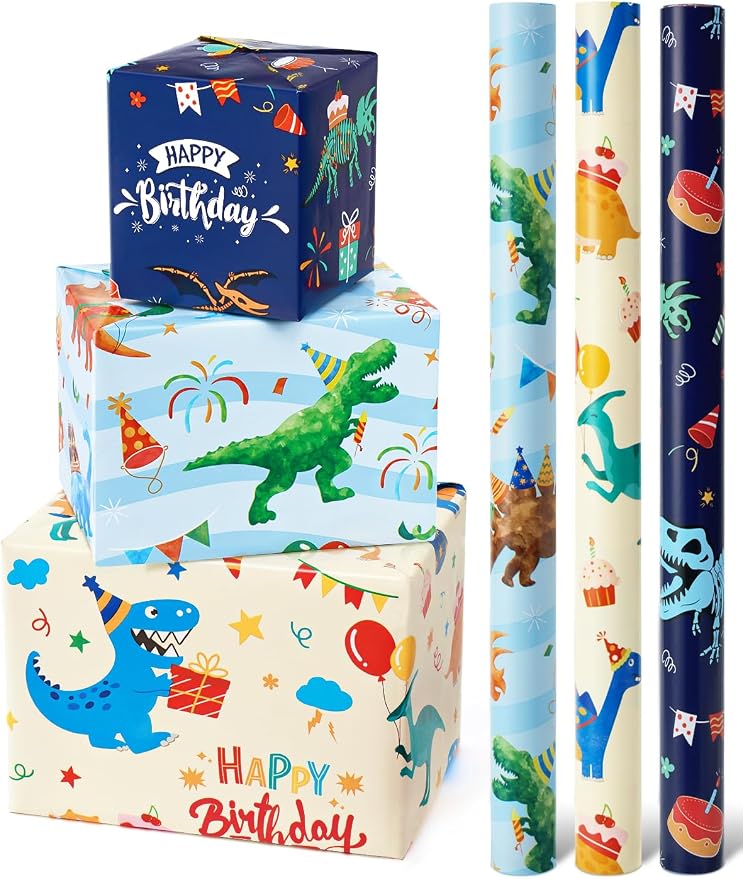 Amazon.com: WERNNSAI Dinosaur Wrapping Paper Rolls - 3 Rolls 17” x 120 ...