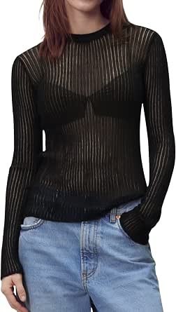 SAFRISIOR Women Sexy See Through Long Sleeve T-Shirts Mesh Sheer Skinny ...