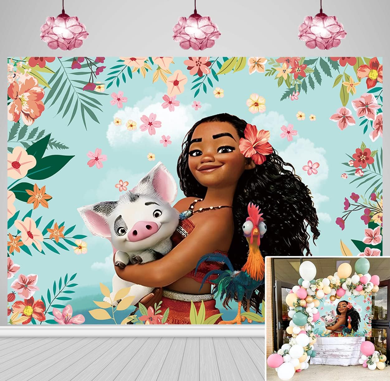 Toile de fond sur le thème de Moana - Fleurs roses - Pour fête d ...