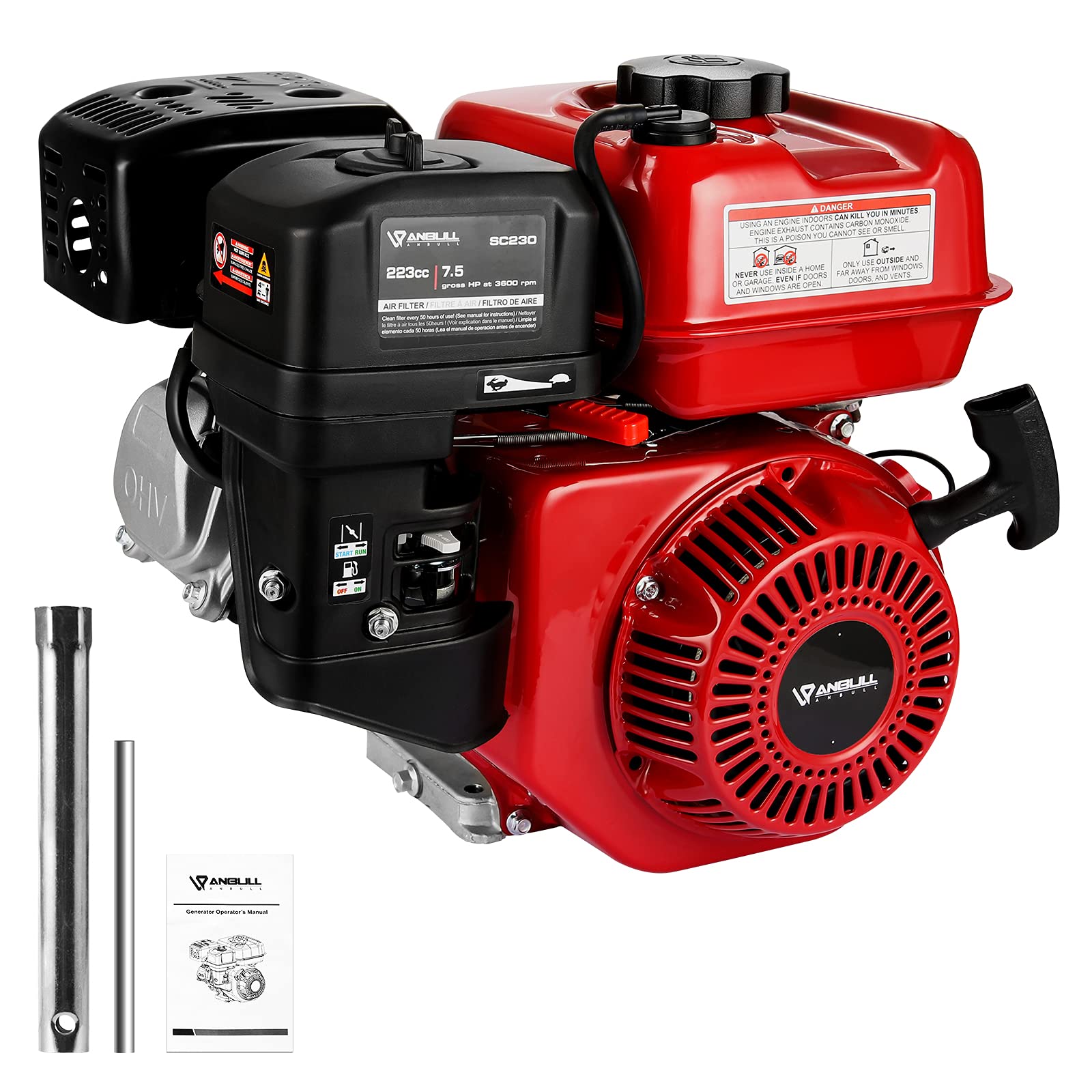 Buy Anbull 7.5 HP 223cc Recoil Start Engine Horizontal Shaft 3/4" x 2. ...