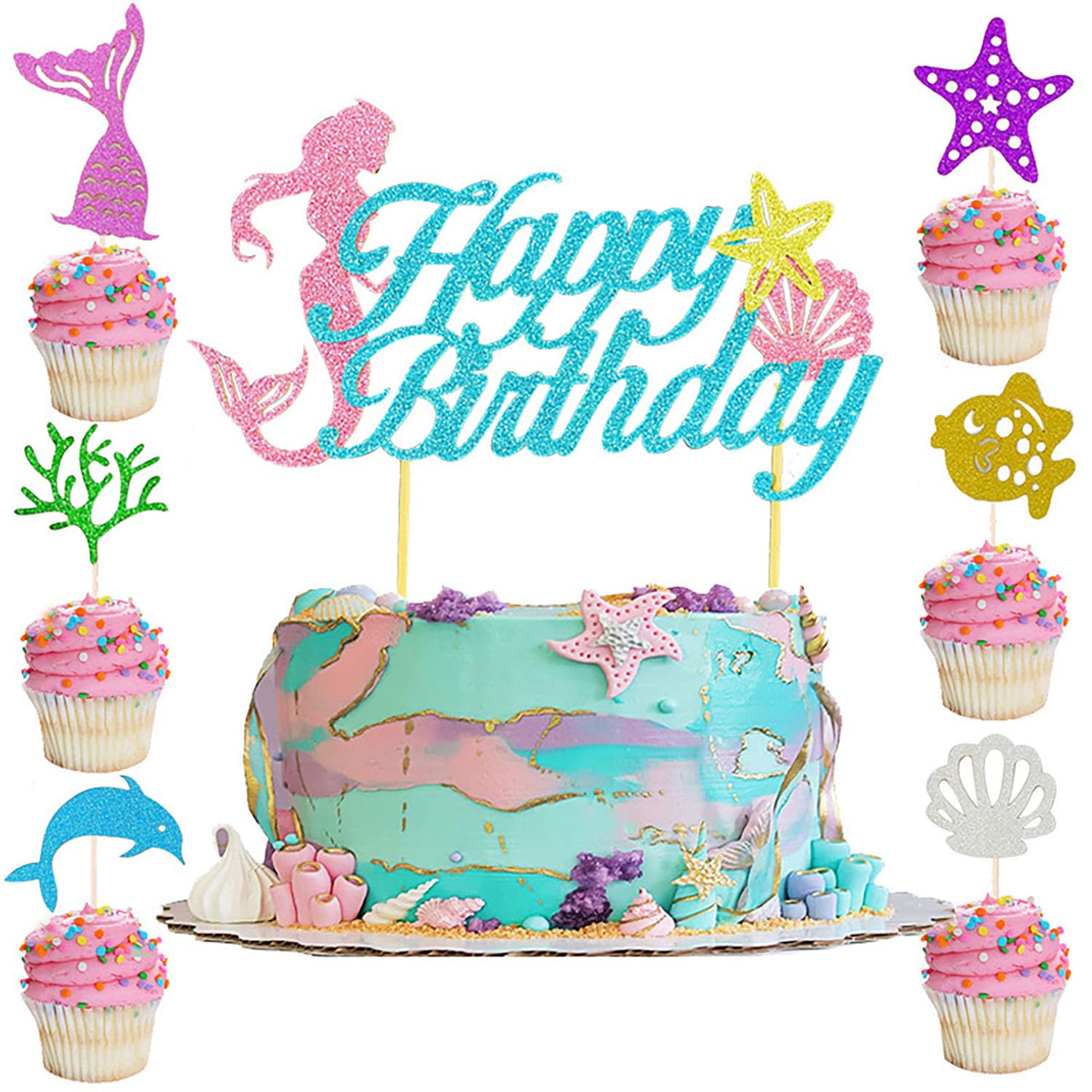 Amazon.com: 7Pcs Glitter Mermaid Happy Birthday Cake Topper Under the ...