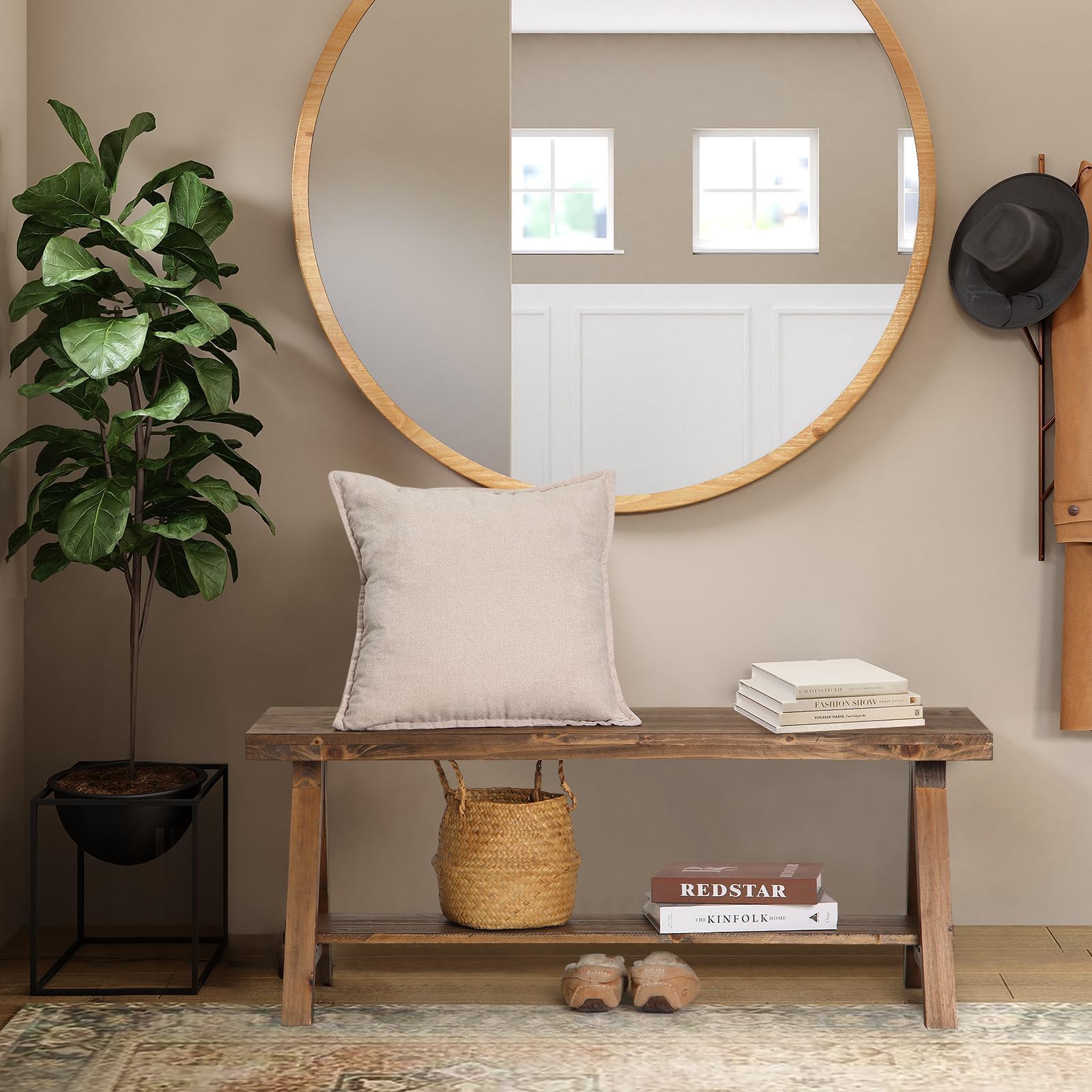 Snapklik.com : 43" Farmhouse Wood Bench, Long Rustic Indoor Storage ...