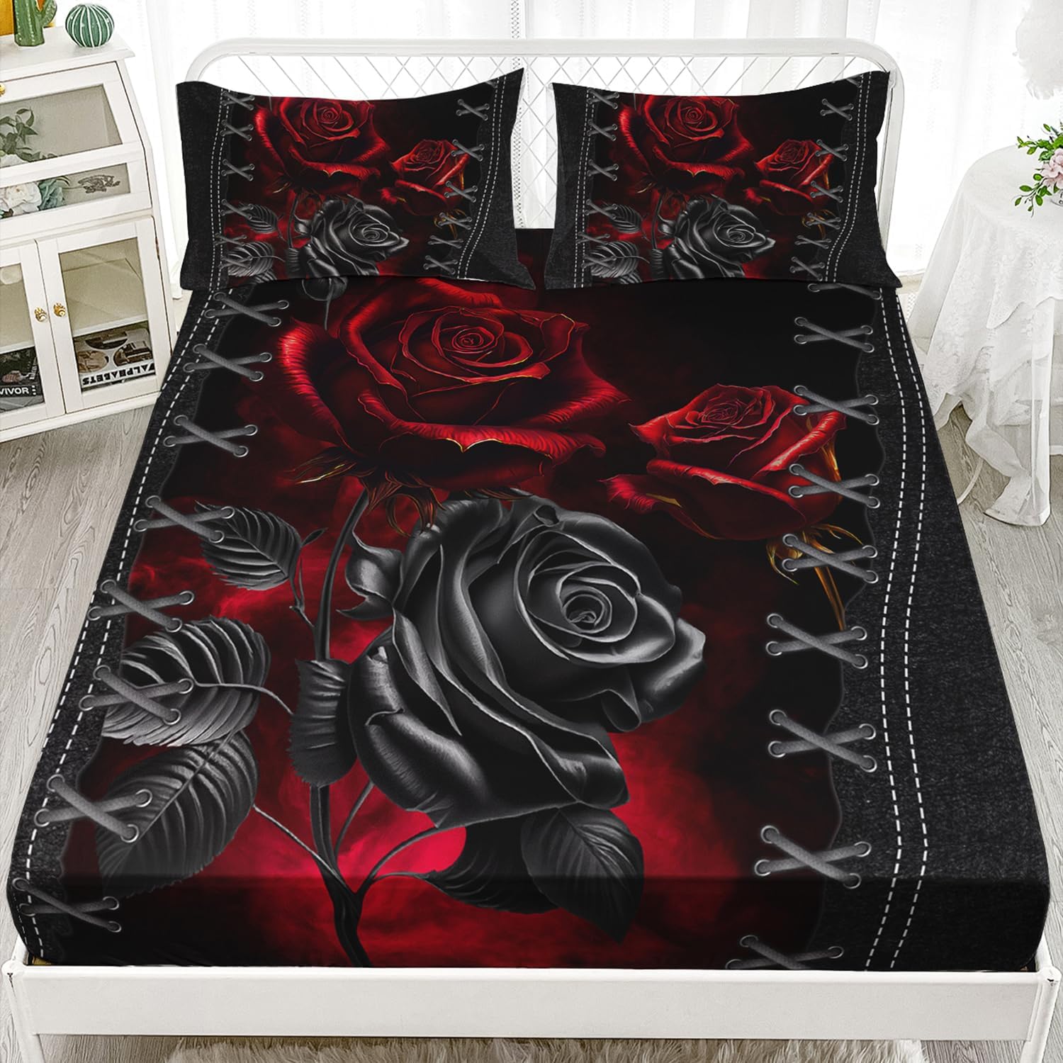 Amazon.com: AILONEN Red Rose Fitted Sheet Full Size, 3D Red Flowers Bed ...