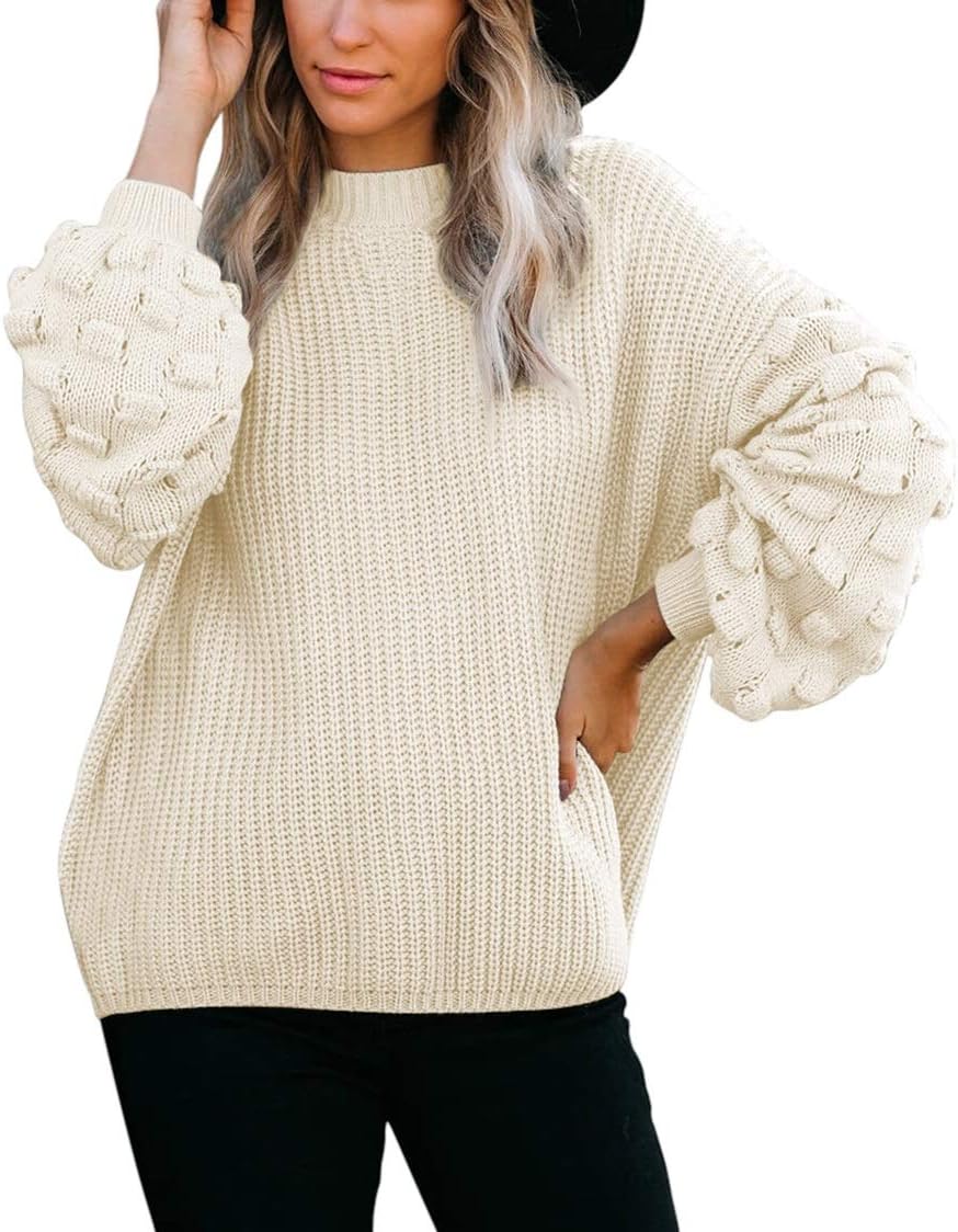 Sovoyontee Women's Fall Oversized Crewneck Long Puff Sleeve Chunky Knit ...