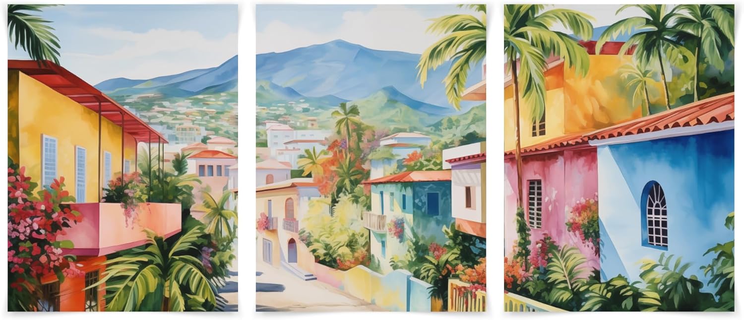 Amazon.com: 12x18 Haiti Set of 3, Colorful Caribbean Architecture ...