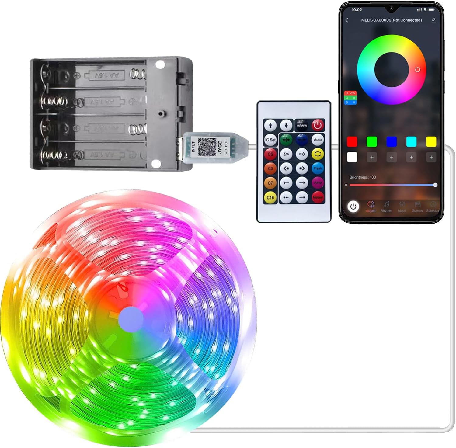 AIJICEAR Battery Powered LED Strip Lights 33FT/10M,RGB Color Changing ...