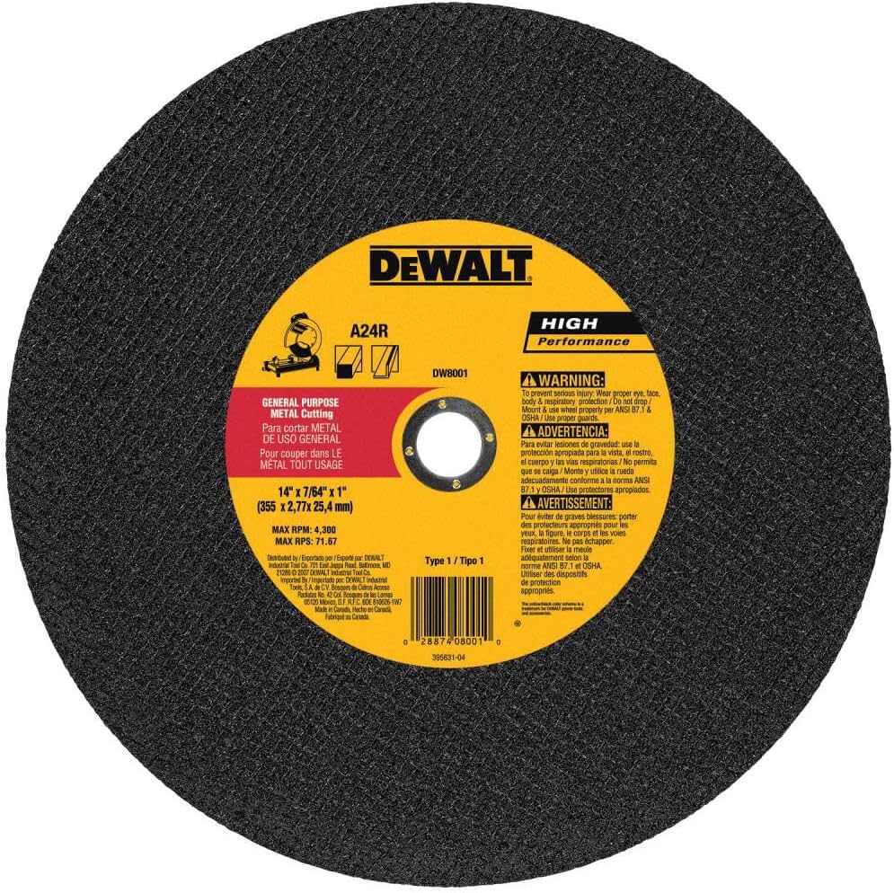 DeWalt DW8002 14" x 7/64" x 1" Bar Cutter Chop Saw Wheel (Heavy Metal ...