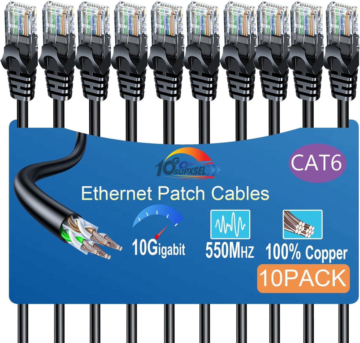 Cat 6 Ethernet Cable 0.5FT 10Pack, Cat6 Ethernet Patch Cable 10Gbps ...