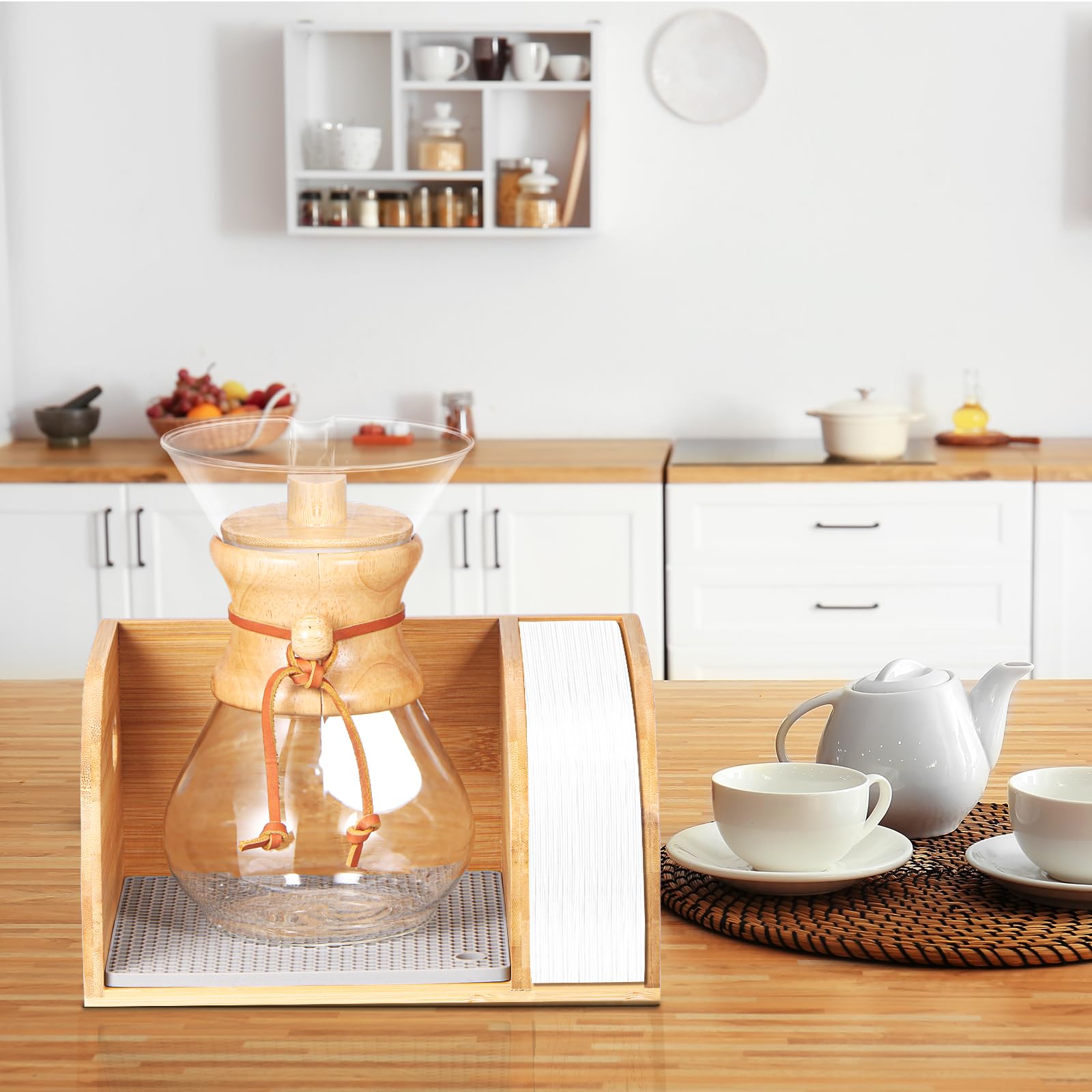 Bamboo Caddy and Lid for Pour Over Coffee Makers, with Heatproof Mat ...