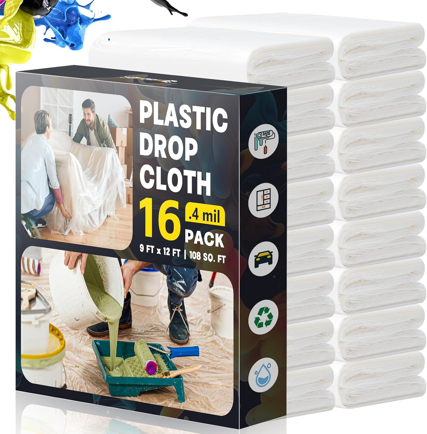 Amazon.com: Plastic Drop Cloths for Painting, 9x12 Ft Extra Large ...