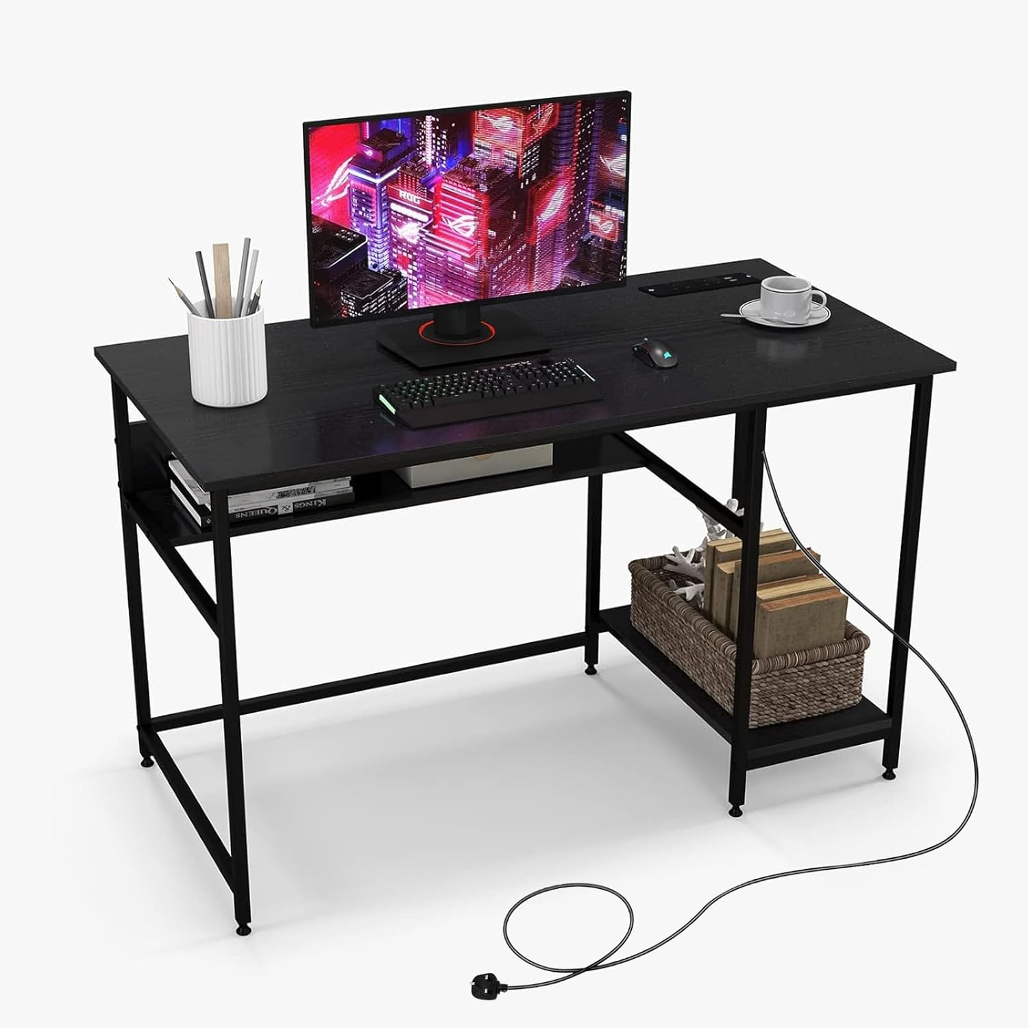 SFAREST Computer Desk, Wooden Laptop Study Table with Power Outlet ...