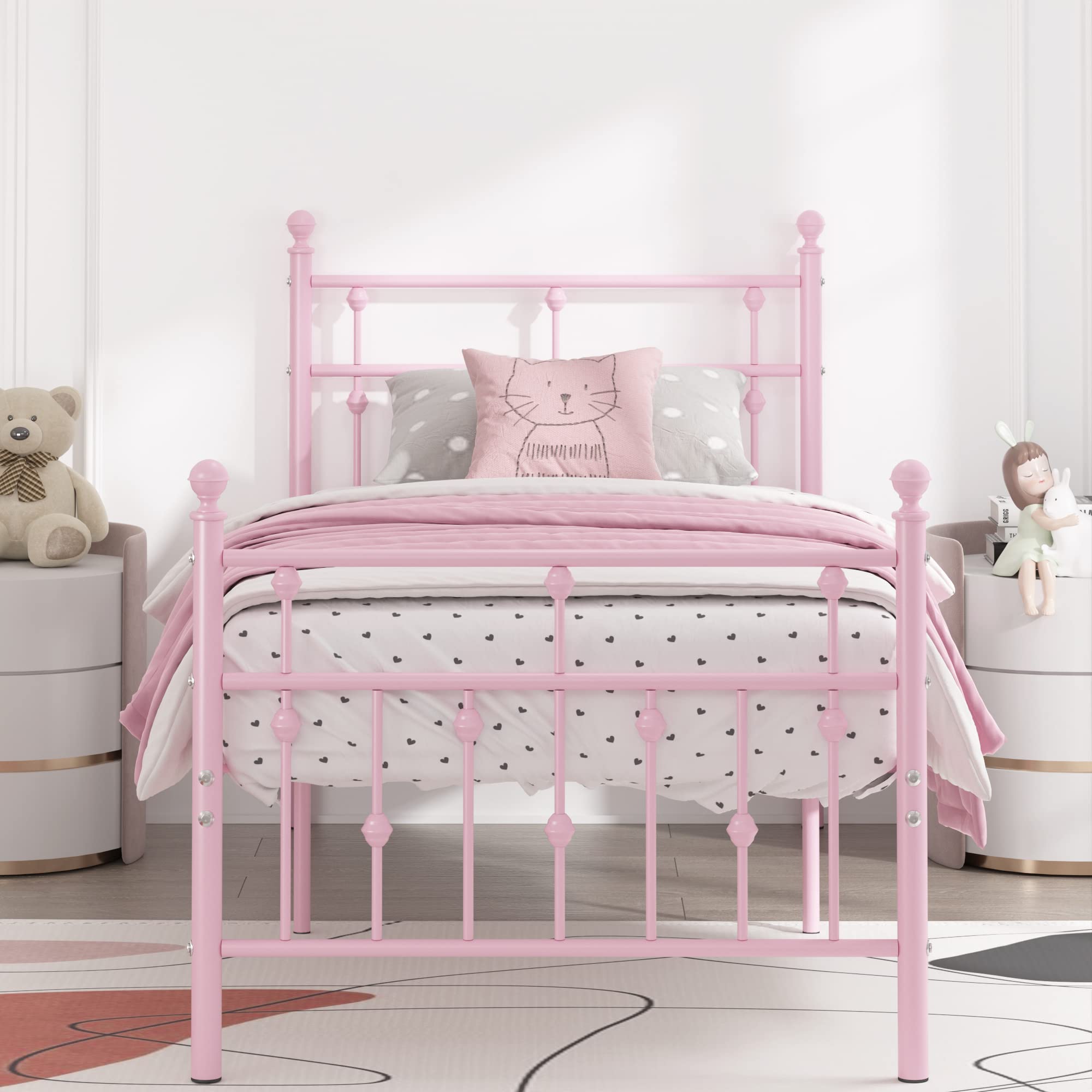 Weehom Pink Metal Bed Frame Twin Size with Headboard Mattress ...