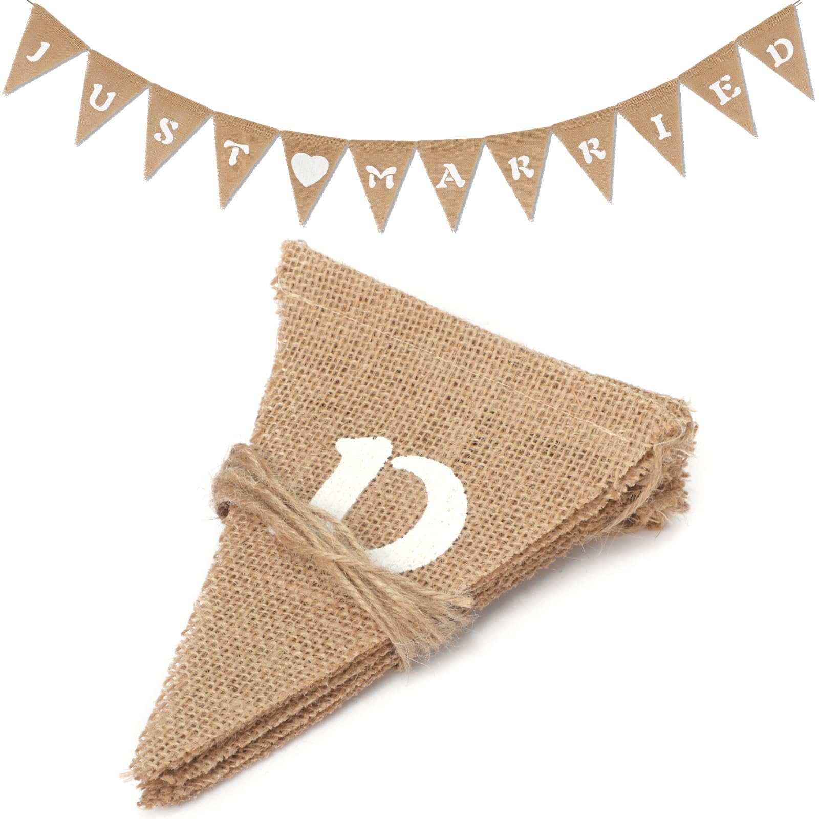 PROUSKY JUST MARRIED Burlap Flag Banner Bunting 12 Pcs Jute Triangle ...