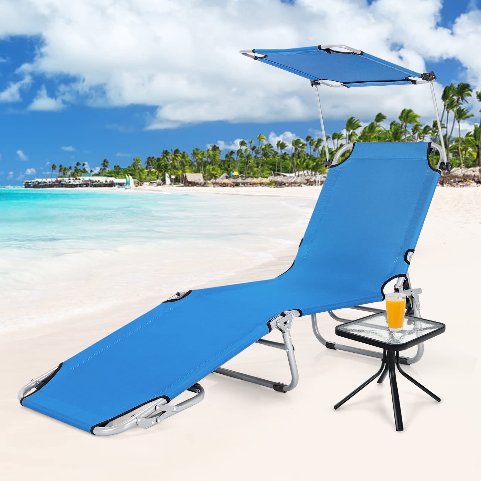 GYMAX Tanning Chair, Beach Lounge Chair with Canopy Sunshade, Carry ...