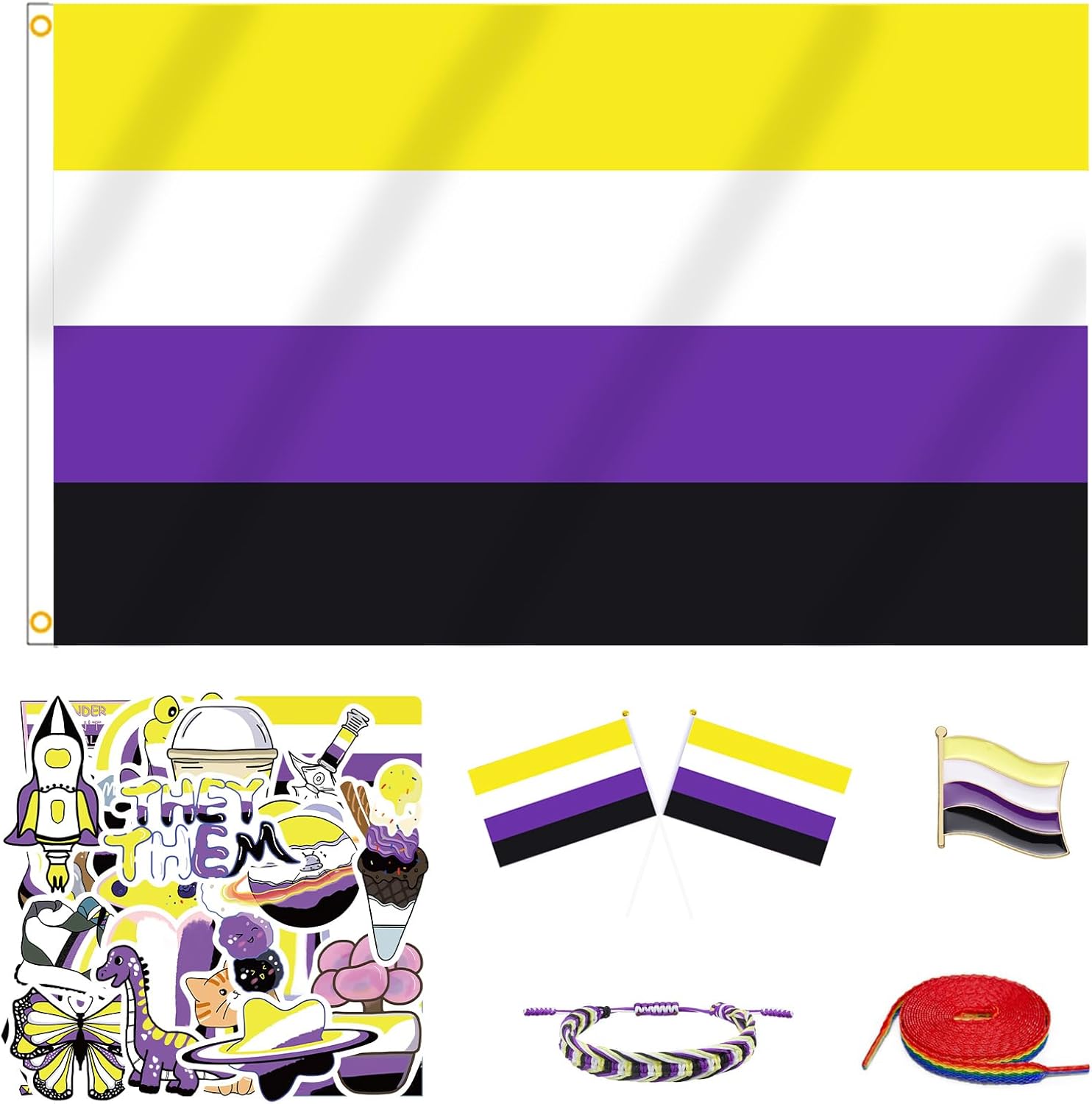 Amazon.com : MEPLUM PRIDE 3x5 FT Nonbinary Flag Bundle with Stickers ...