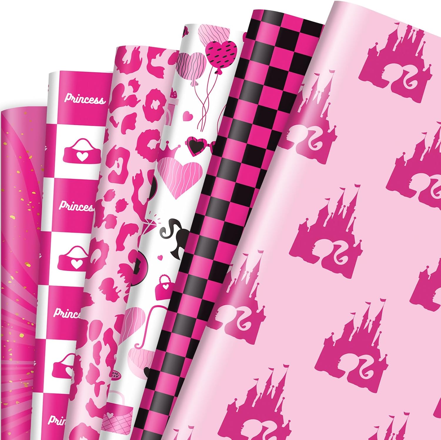 Amazon.com: Bolsome 12 Sheets Hot Pink Princess Wrapping Paper Castle ...