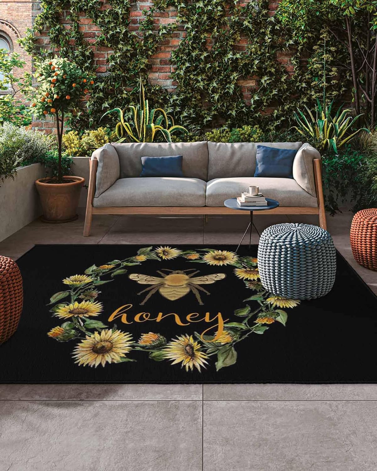 Amazon.com: Outdoor Rug for Patio,Farm Bee Sunflower on Black Indoor ...