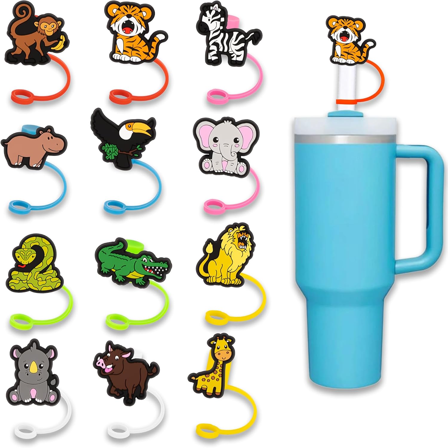 Amazon.com: 12PCS Jungle Animal Straws Cover Cap Silicone for Tumbler ...